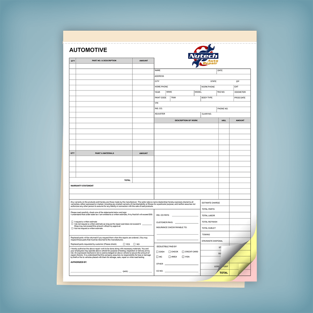 Auto Repair Invoice Form Books: 8.5” x 11” | PrintPPS.com®