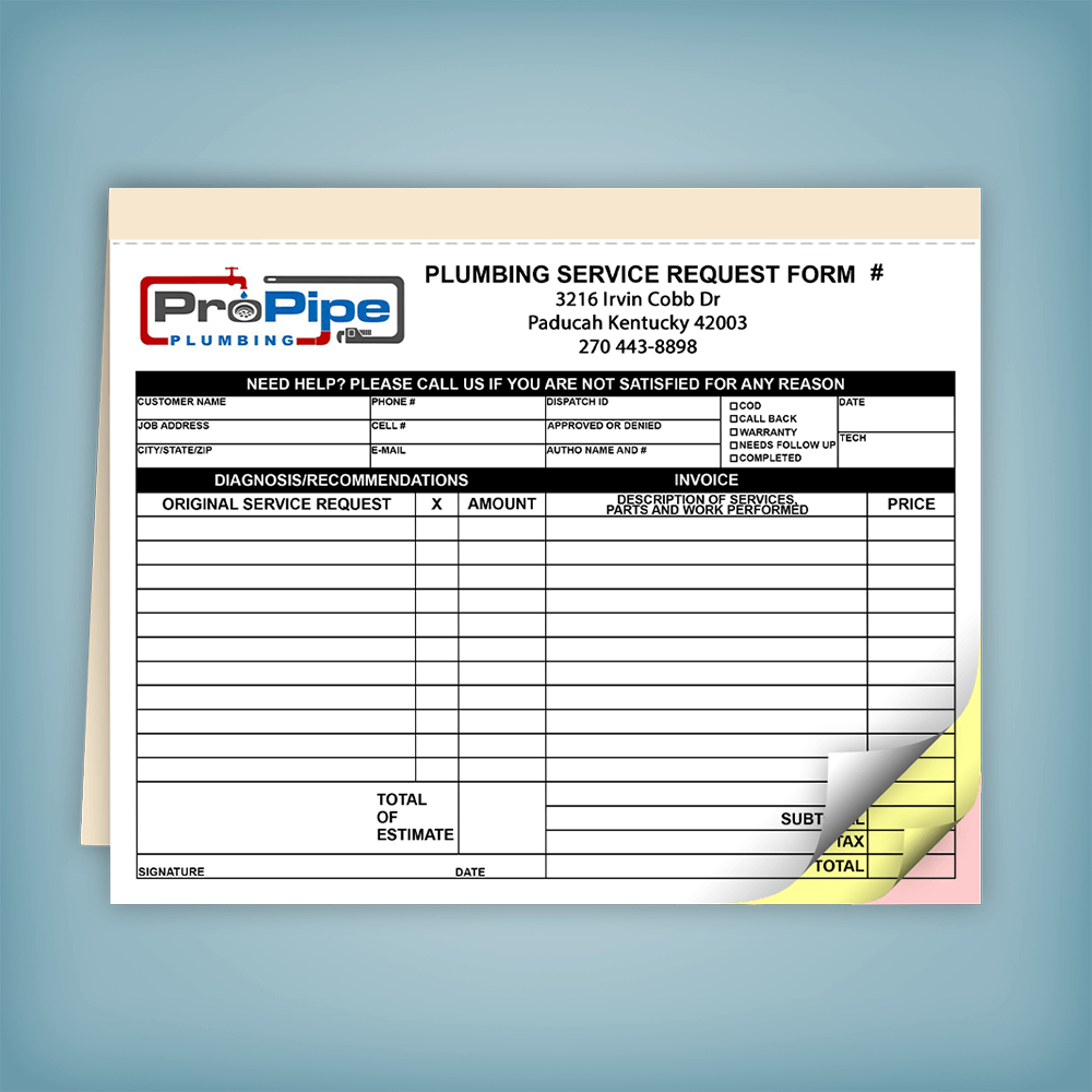 Plumbing Invoice Form Books: 8.5” x 7” | PrintPPS.com®
